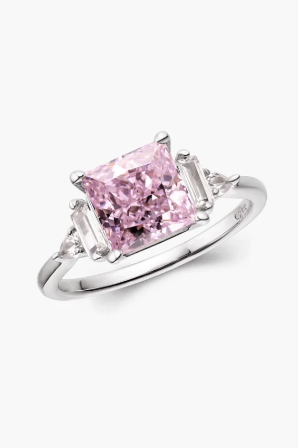 Pink Radiant Cut Ring Kouvr Fashion | Sterling Silver Promise Ring with Side Stones & Cubic Zirconia