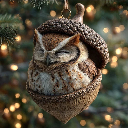 Handcrafted Sleeping Owl in Real Acorn Shell | Rustic Woodland Christm