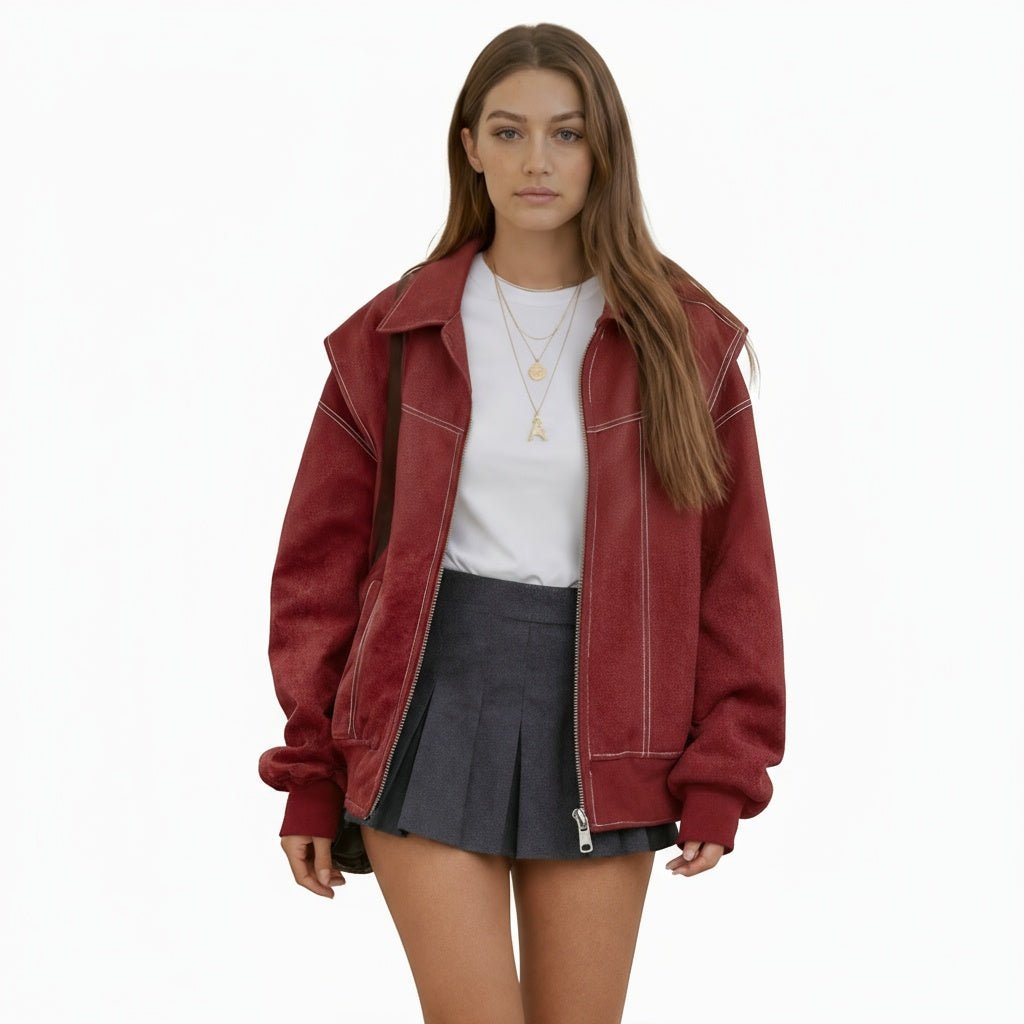 Women's Red Contrast Stitch Bomber Jacket Kouvr Fashion - Oversized ...