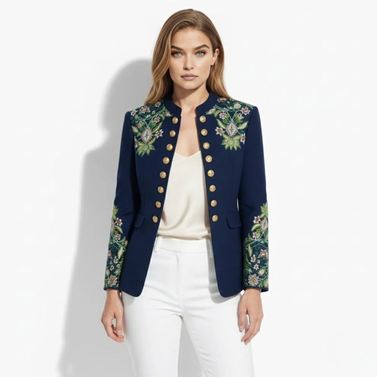 Floral Embroidered Military Jacket with Gold Buttons | Women's Tailored ...