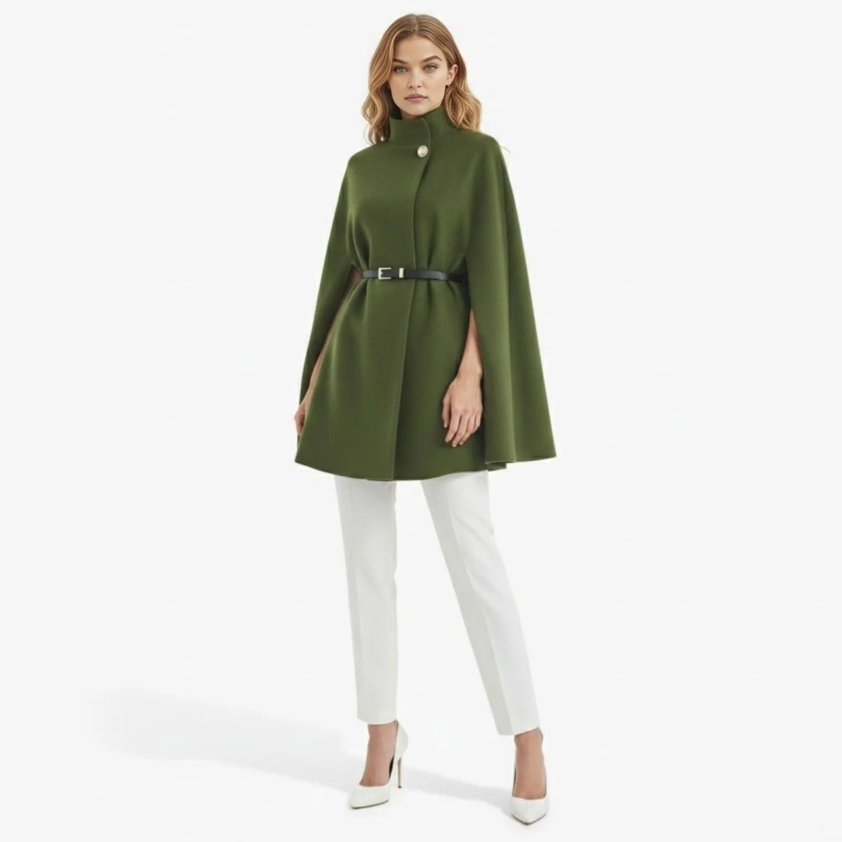 Army Green Belted Cape Coat Women's Funnel Neck A-Line Winter Outerwear ...