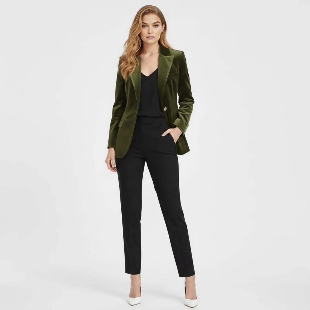 Army Green Velvet Blazer for Women Single Breasted Tailored Jacket with ...