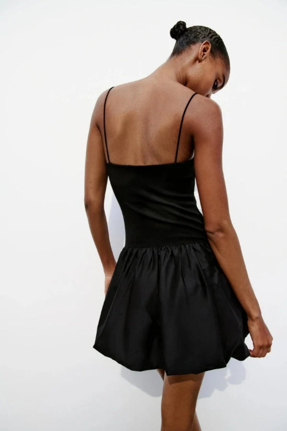 Black Bubble Hem Mini Dress with Pouf Skirt & Spaghetti Straps | Kouvr ...
