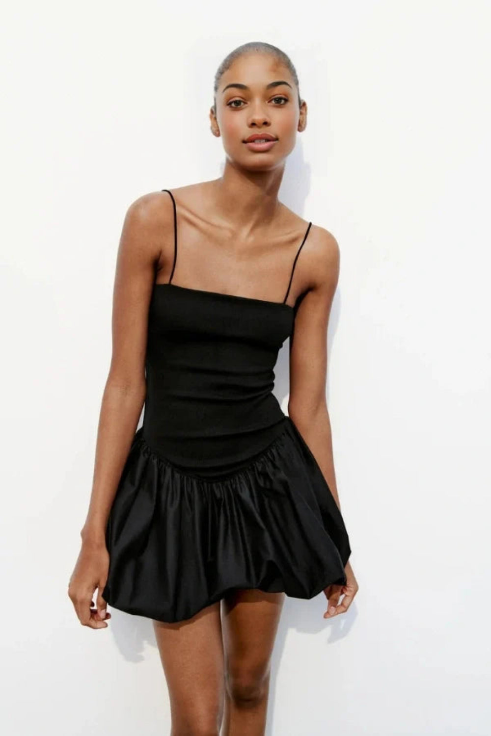 Black Bubble Hem Mini Dress with Pouf Skirt & Spaghetti Straps | Kouvr ...