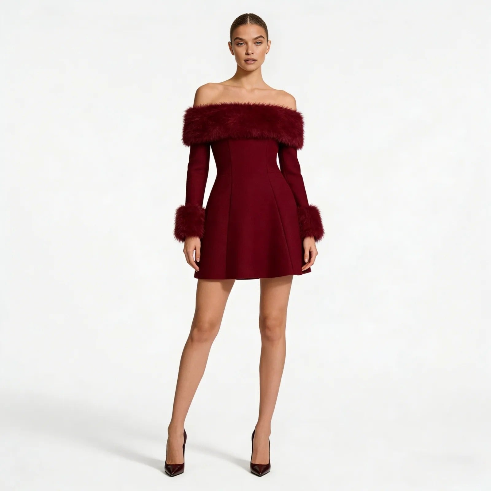 Burgundy Off-Shoulder Mini Dress with Faux Fur Trim | Long Sleeve ...