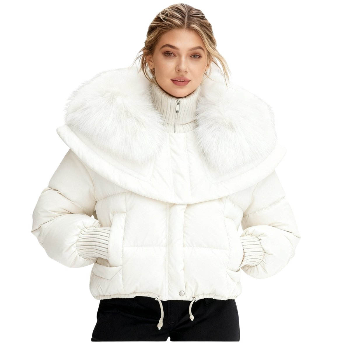 Women's Down Puffer Jacket with Real Fox Fur Collar | Oversized Quilted ...