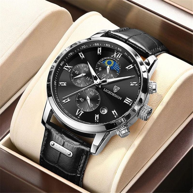 Men's Chronograph Dress Watch with Leather Strap & Moon Phase Display ...
