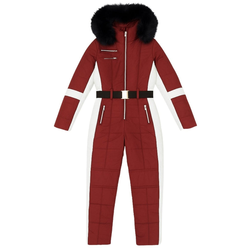 Women's Red Puffer Ski Suit with Black Faux Fur Hood | Belted Insulated ...