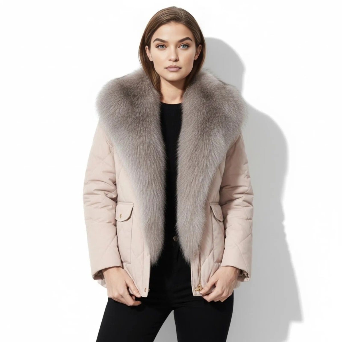 Apricot Quilted Jacket with Fox Fur Collar | Cinched Waist Winter Coat ...