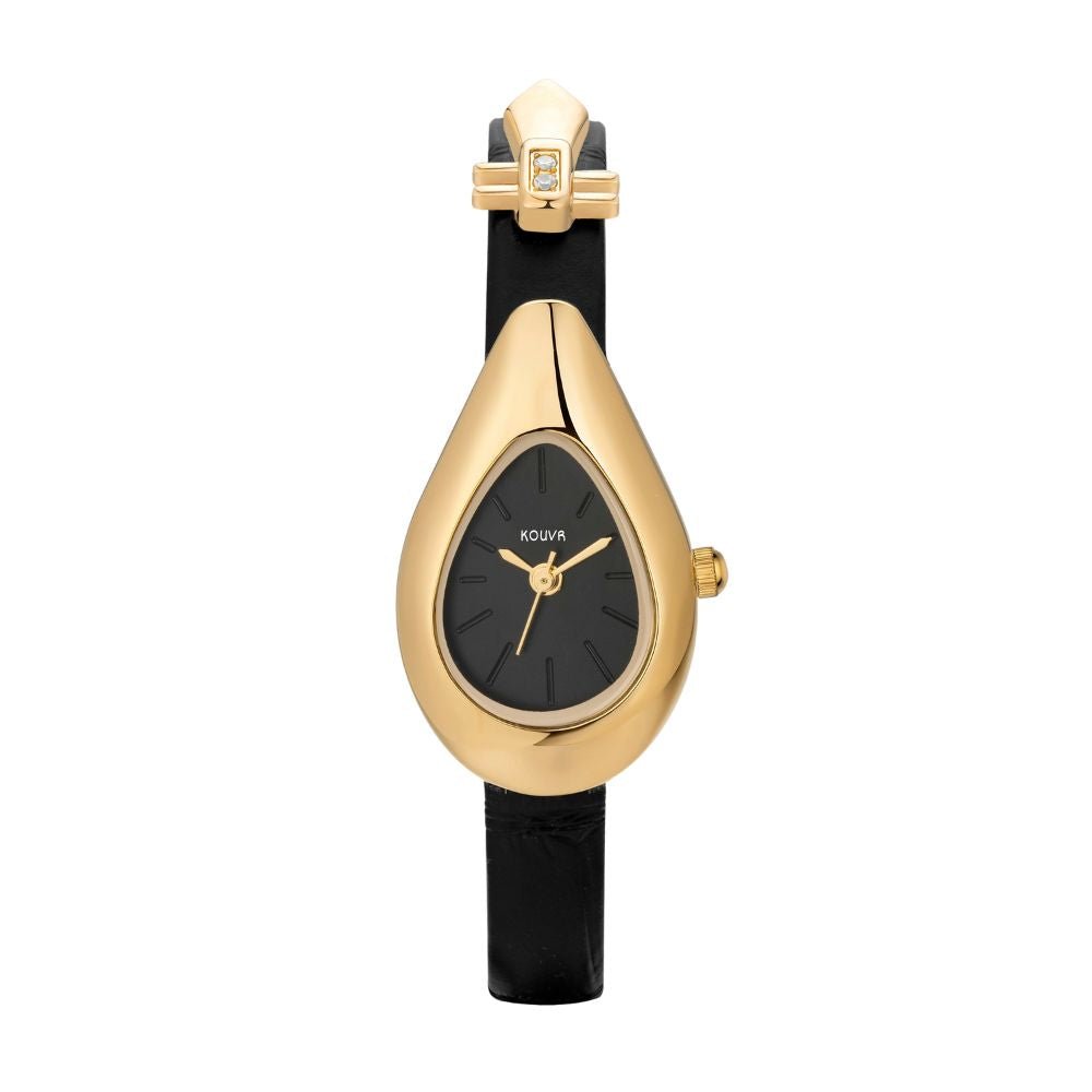 Gold with Black Leather Strap Vintage Teardrop Watch for Women | Kouvr ...