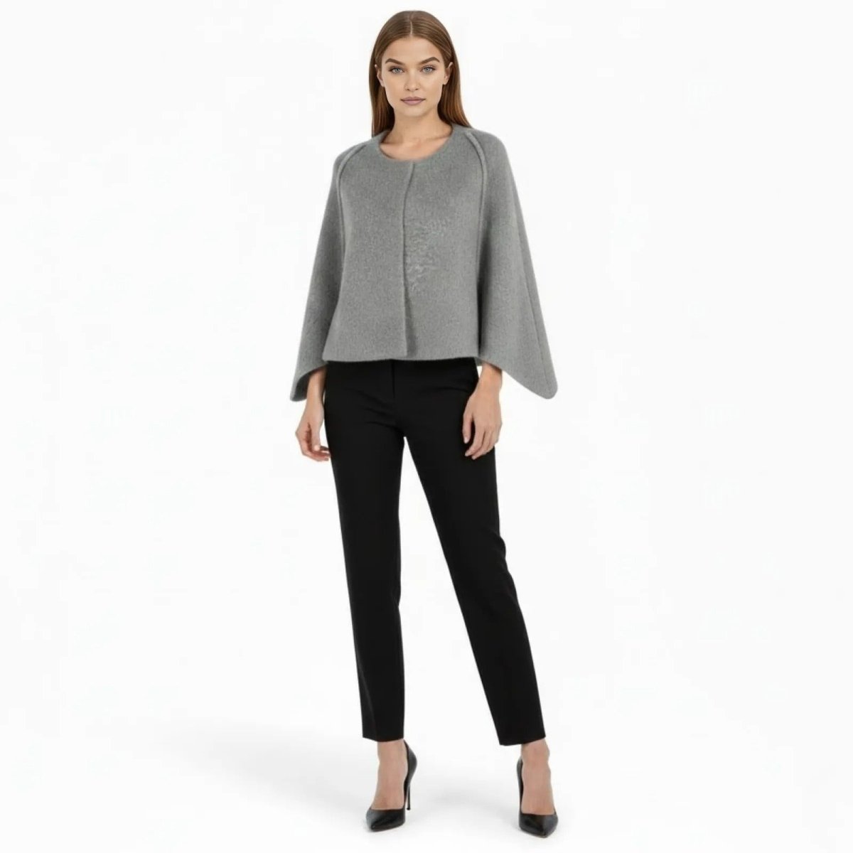 Grey Wool Blend Cape Jacket Women's Collarless Short Minimalist Coat ...
