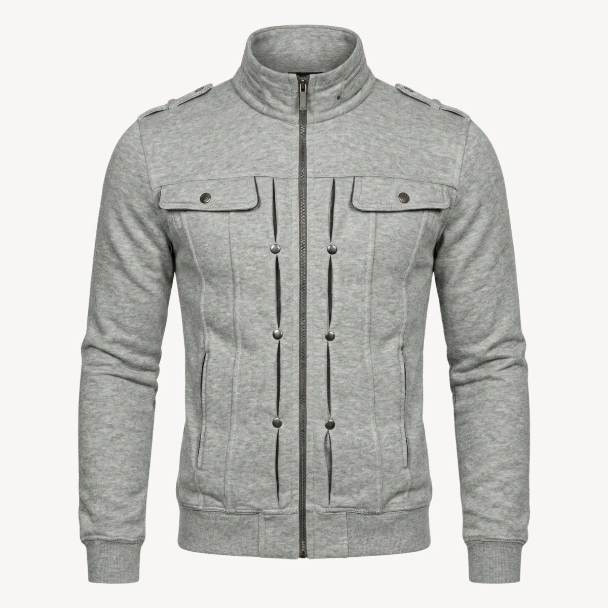 Men's Grey Military Zip-Up Jacket in Heather | Funnel Neck & Slim Fit ...