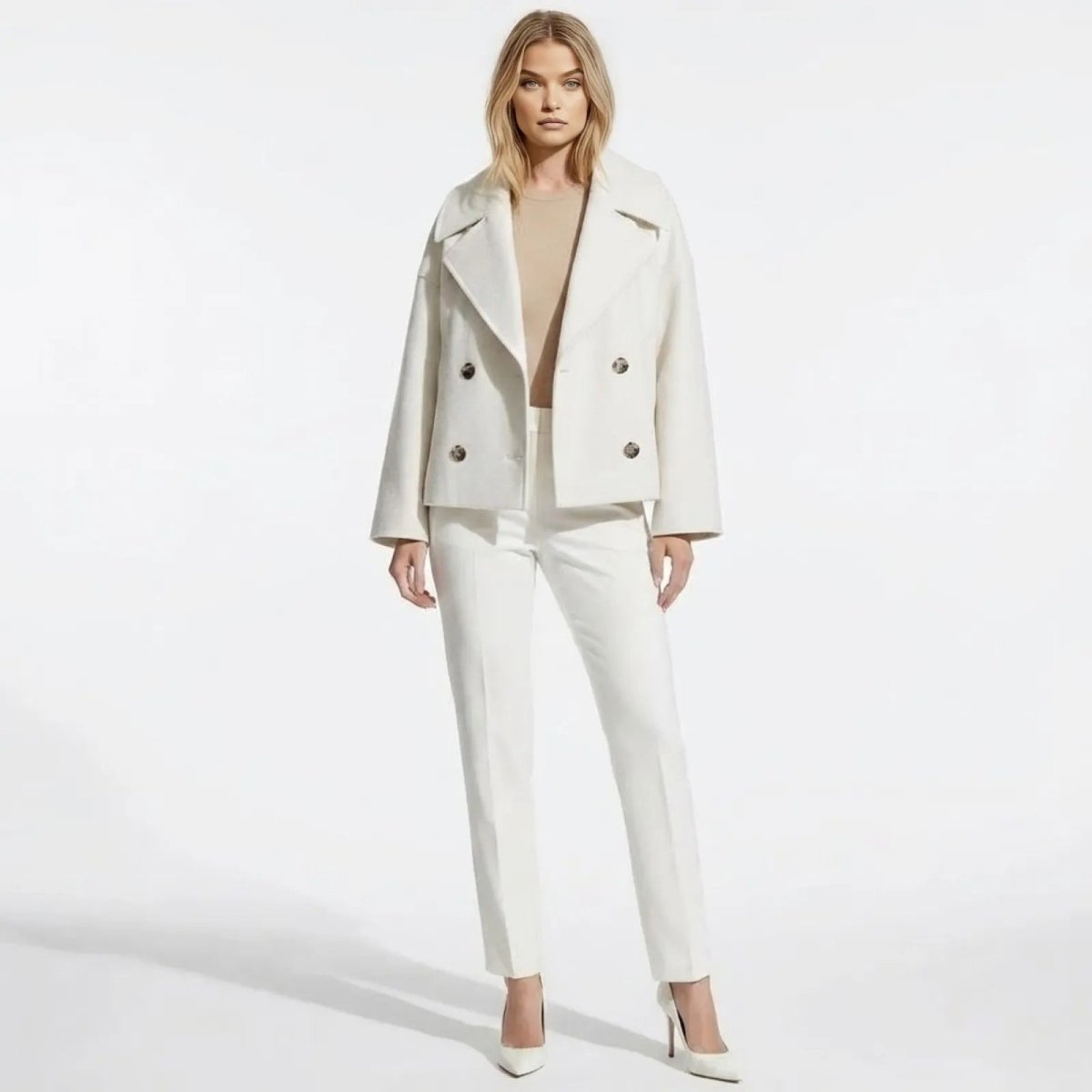 Women's Cropped Pea Coat in White Wool - Double-Breasted Tailored ...
