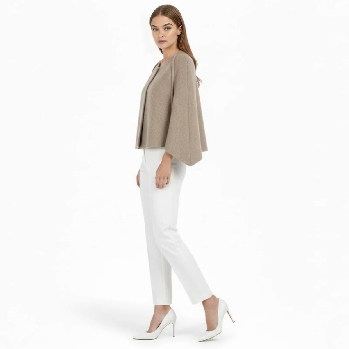 Laverne Wool Cape Jacket Khaki | Cropped Minimalist Short Coat Bell ...