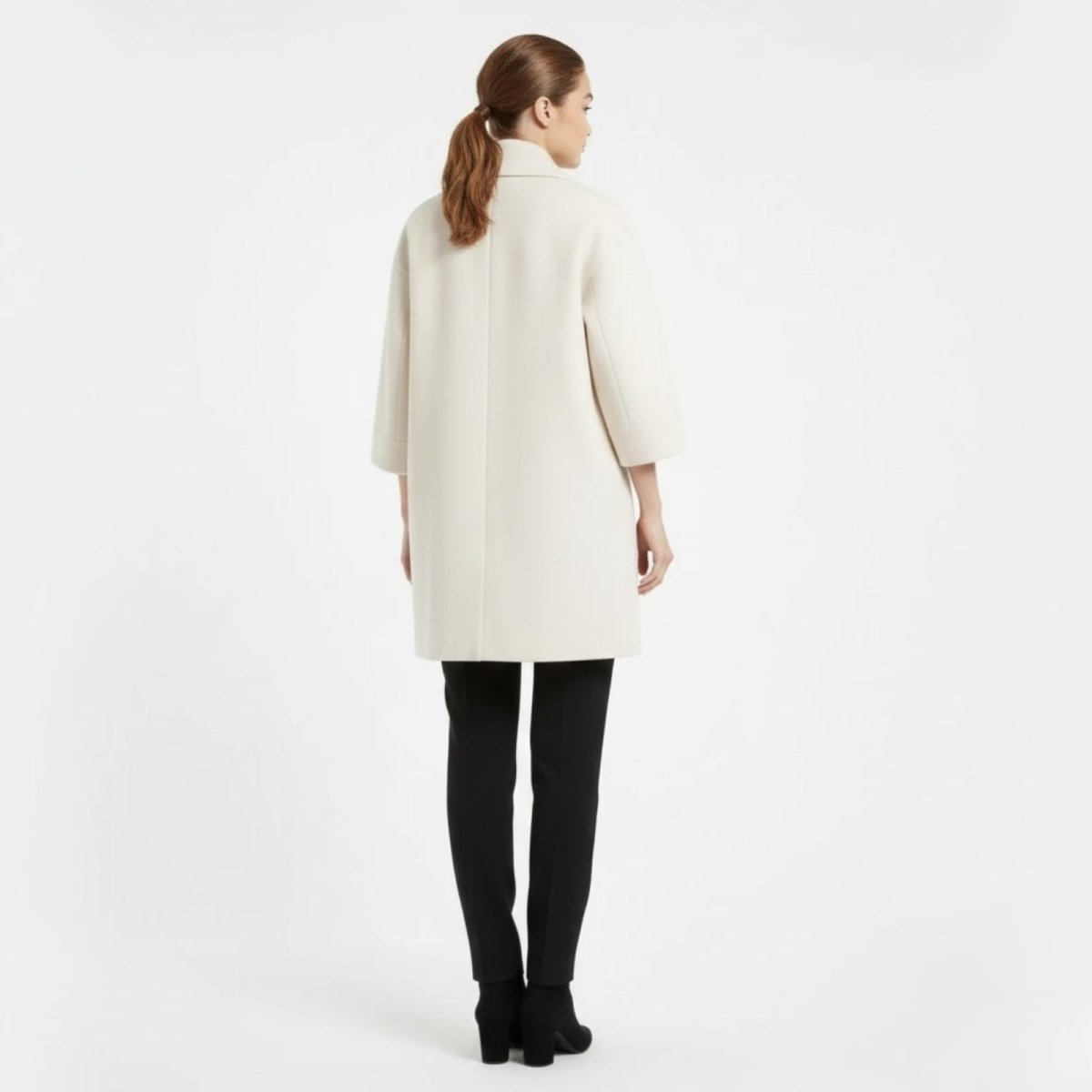 White Shawl Collar Wool Blend Coat for Women | Open Front 3/4 Sleeve ...