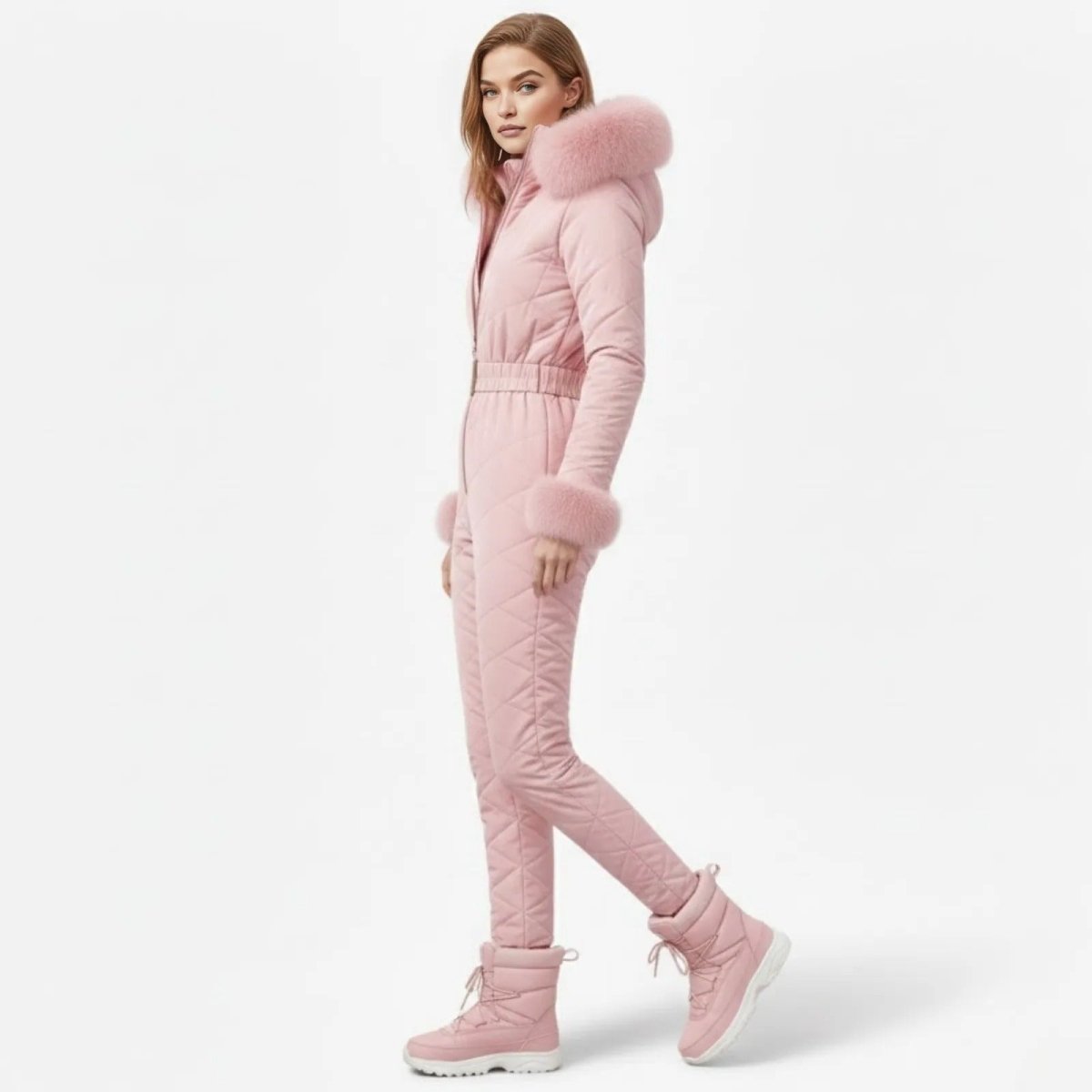 Women's Pink Quilted Ski Suit | Fitted One Piece Snowsuit with Faux Fur ...