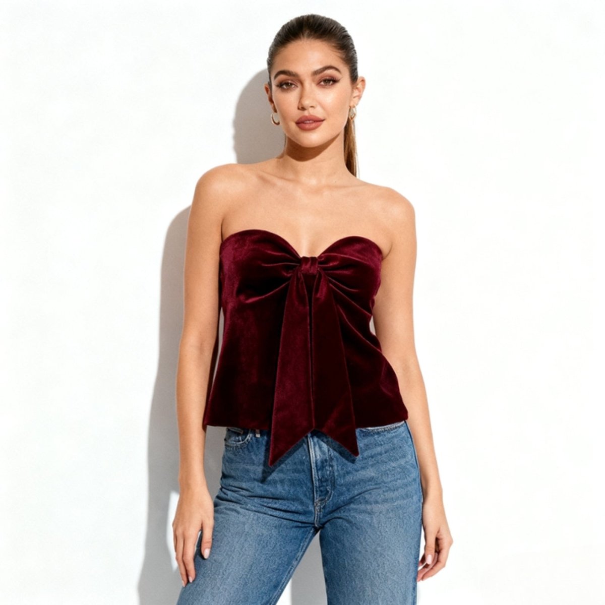 Velvet Bow Strapless Top in Burgundy | Women's Holiday Party Bustier ...