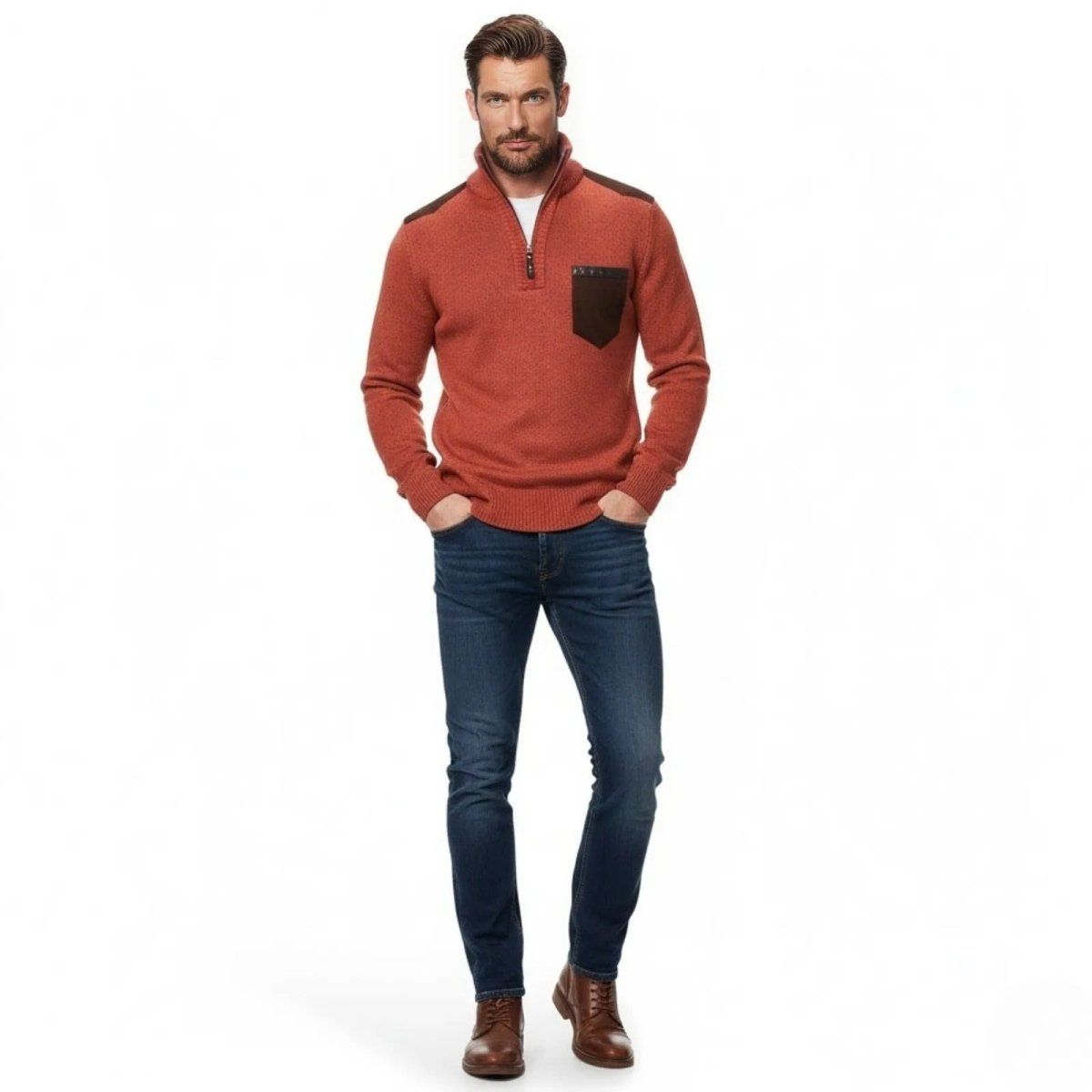 Men's Red Quarter Zip Sweater with Suede Patches | Slim Fit Mock Neck ...