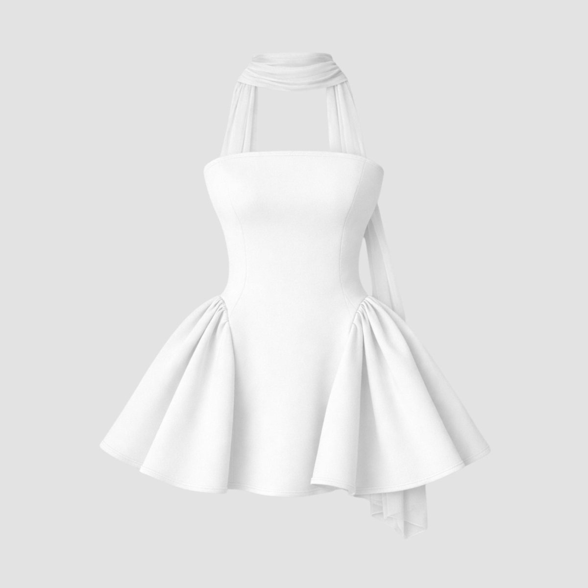 White Strapless Mini Dress with Halter Scarf | Sculptural Fit & Flare ...