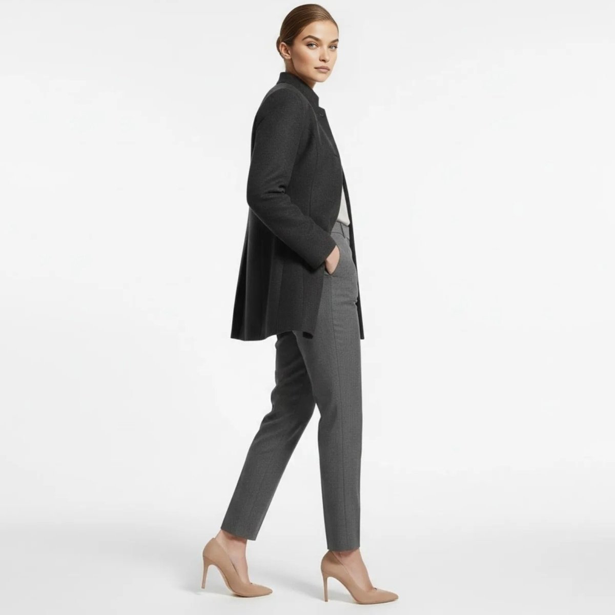 Funnel Neck Wool Blend Coat in Dark Grey | Women's Structured A-Line ...