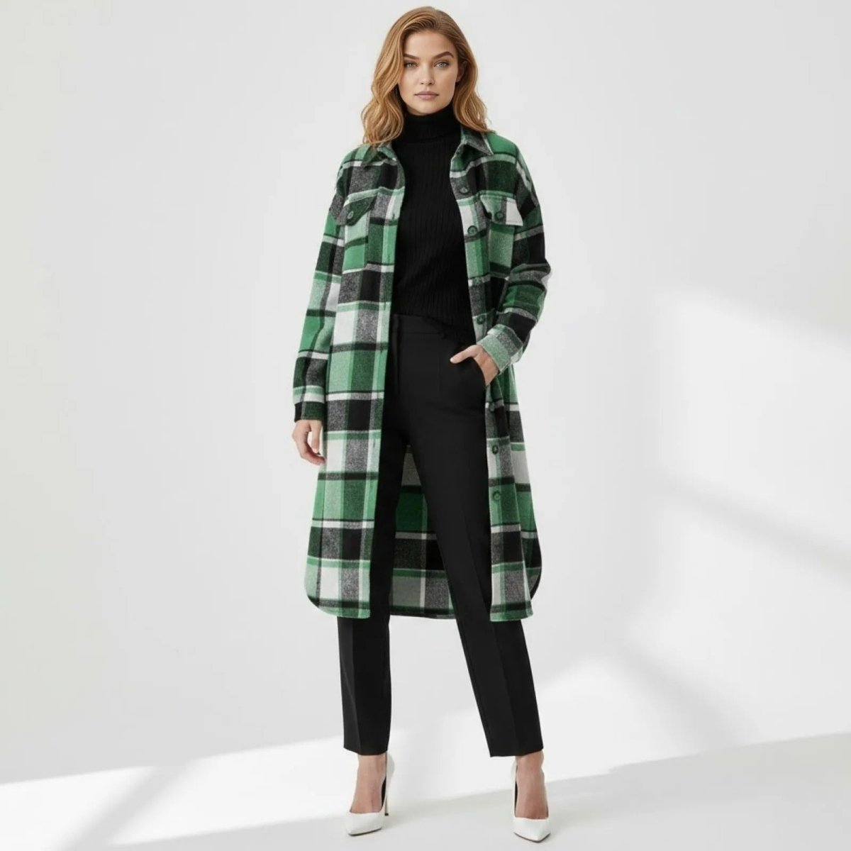 Green Plaid Long Shacket Women's Oversized Wool Blend Shirt Jacket ...