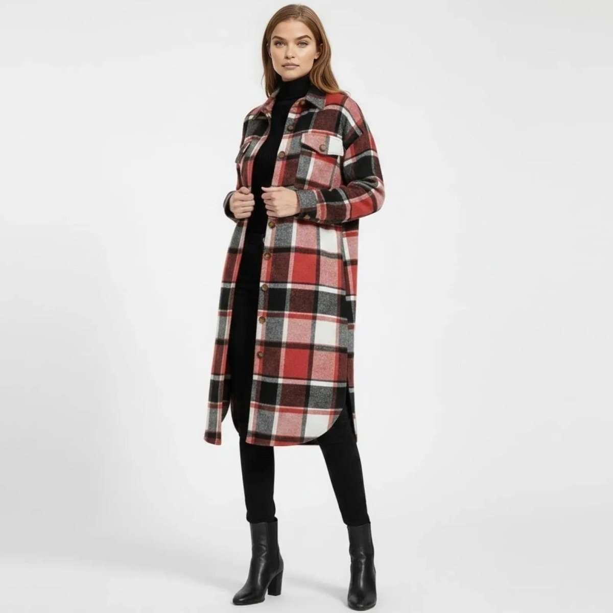 Long Plaid Shacket Red Black Check | Women's Maxi Wool Blend Shirt ...