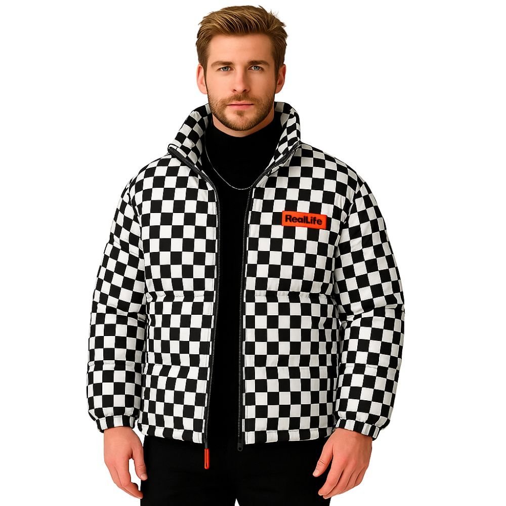 Men's Checkerboard Puffer Jacket - Insulated Stand Collar Winter Coat ...