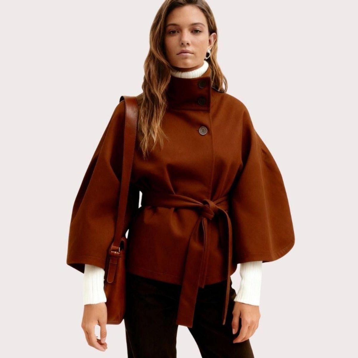 Brown Belted Cape Jacket Tobacco | Structured Funnel Neck Coat with ...
