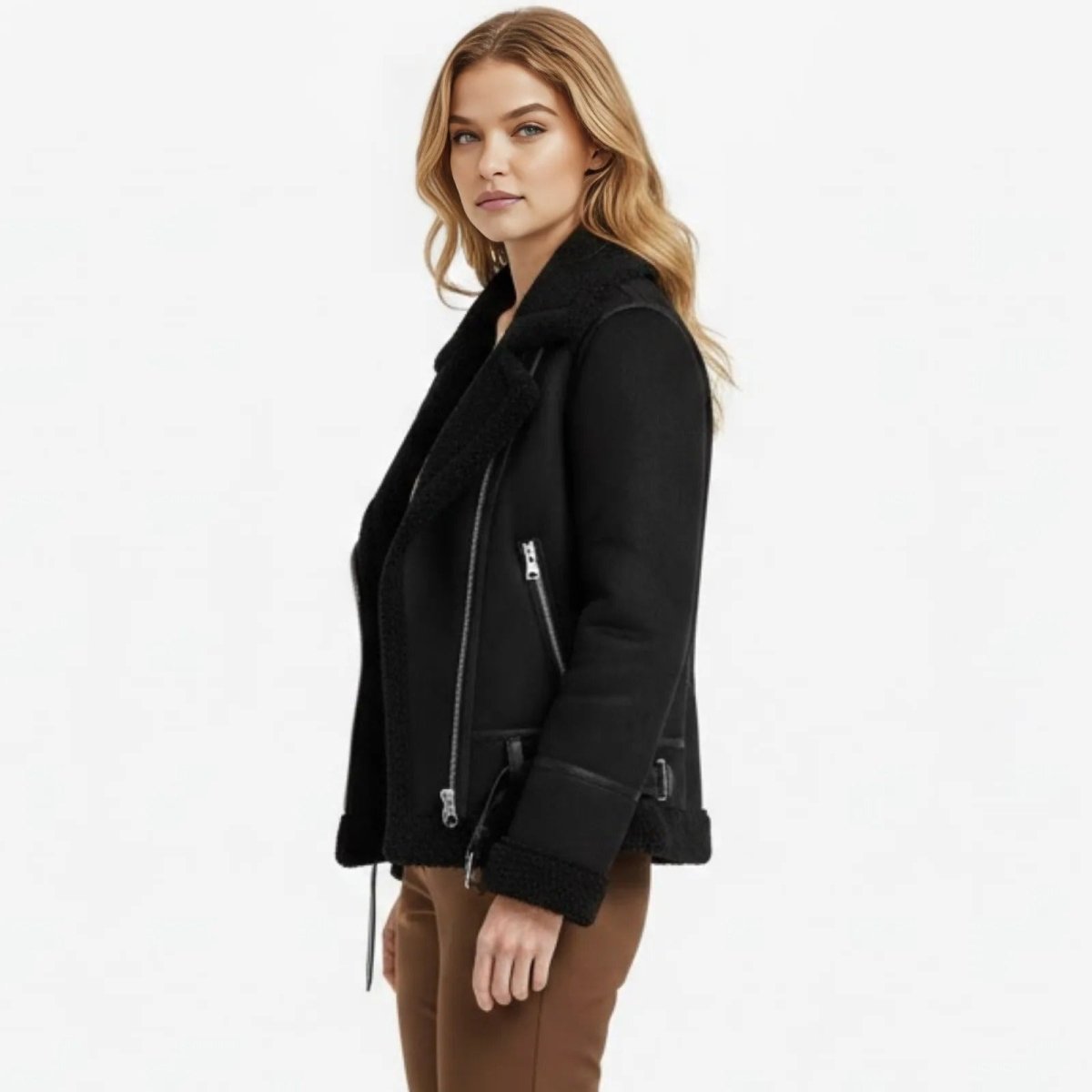 Oversized Shearling Aviator Jacket Black Faux Leather Moto Coat ...