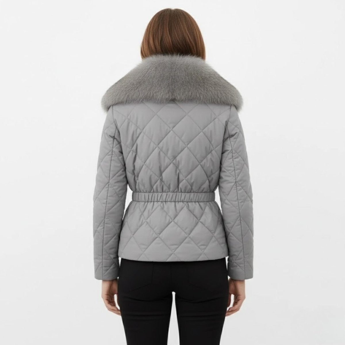 Grey Quilted Jacket with Fox Fur Collar | Short Winter Puffer Coat for ...