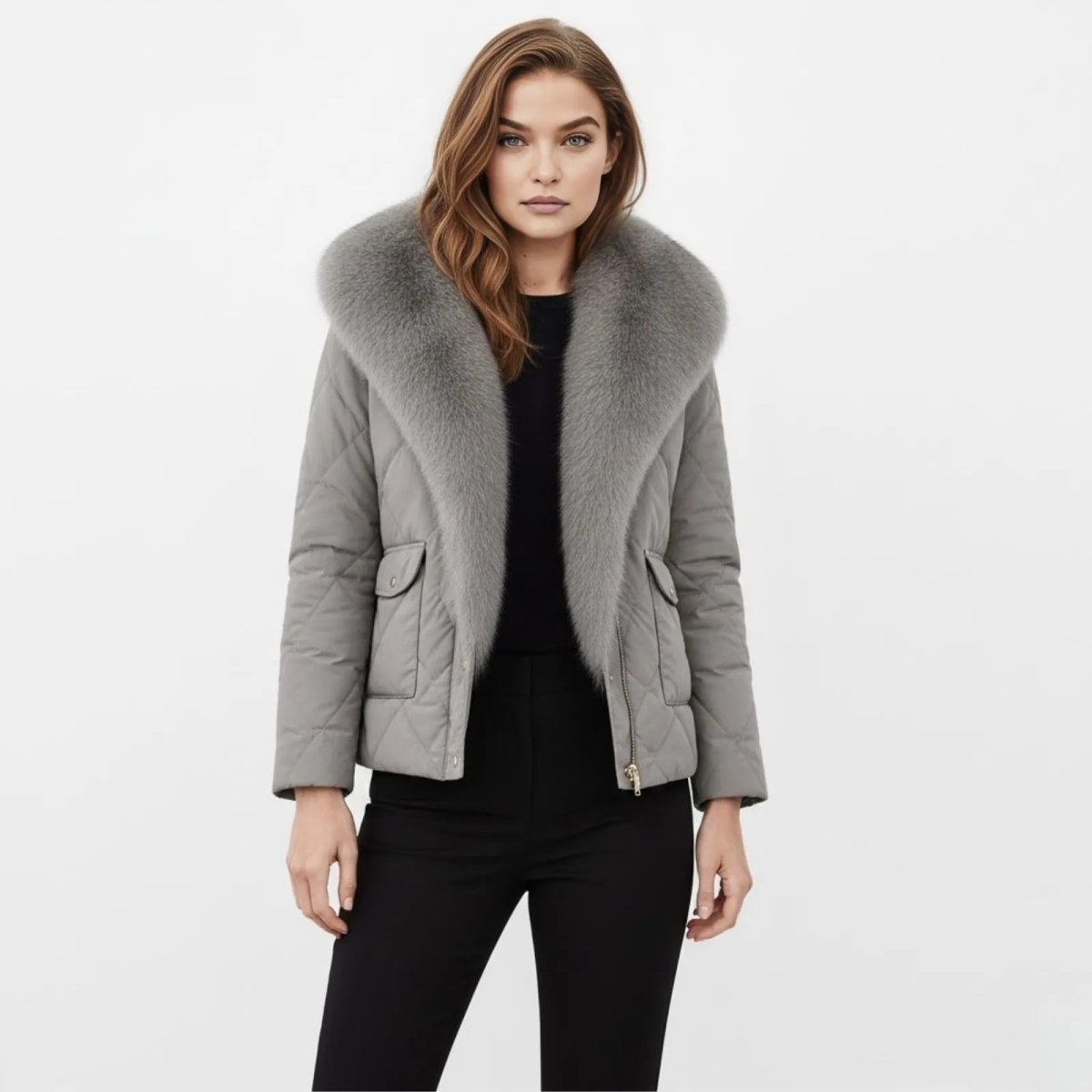 Grey Quilted Jacket with Fox Fur Collar | Short Winter Puffer Coat for ...