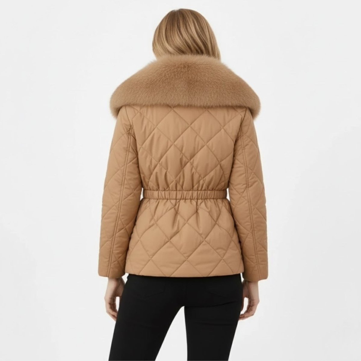 Women's Light Brown Quilted Jacket with Faux Fur Collar Short Puffer ...