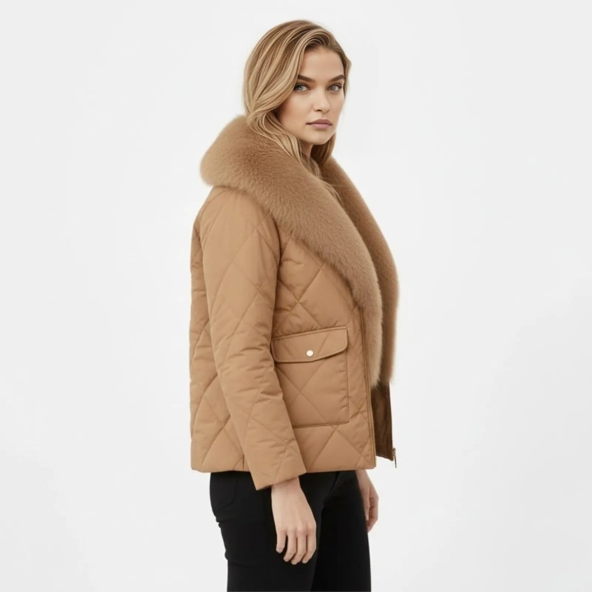 Women's Light Brown Quilted Jacket with Faux Fur Collar Short Puffer ...