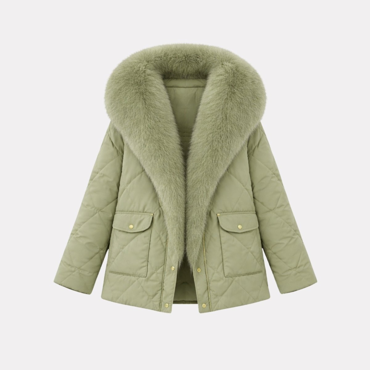 Sage Green Quilted Jacket with Faux Fur Collar | Short Puffer Coat ...