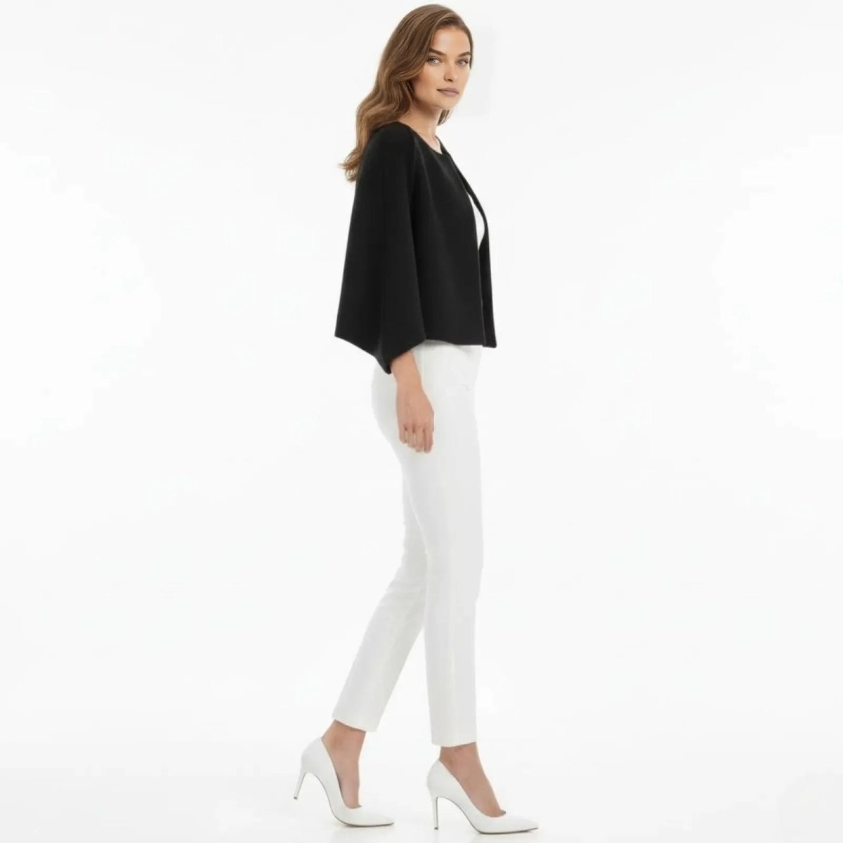 Black Cropped Cape Jacket | Women's Elegant Collarless Capelet | Modern ...