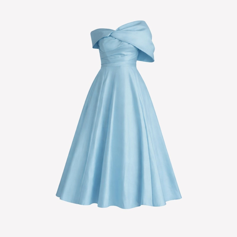 Off The Shoulder Midi Dress Satin A-Line Silhouette for Wedding Guest ...