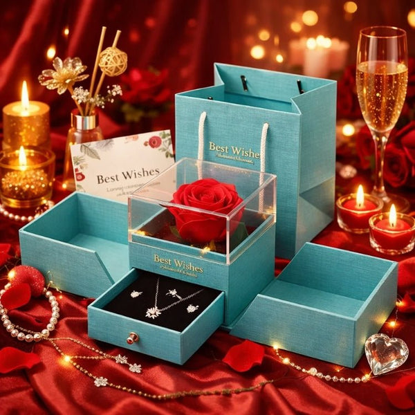 Preserved Real Rose Teal Gift Box with Necklace & Earrings Set ...