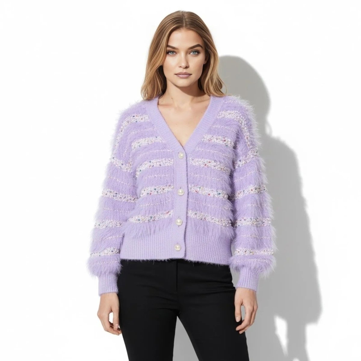 Purple Fuzzy Cardigan with Pearl Buttons | Eyelash Knit V-Neck Sweater ...