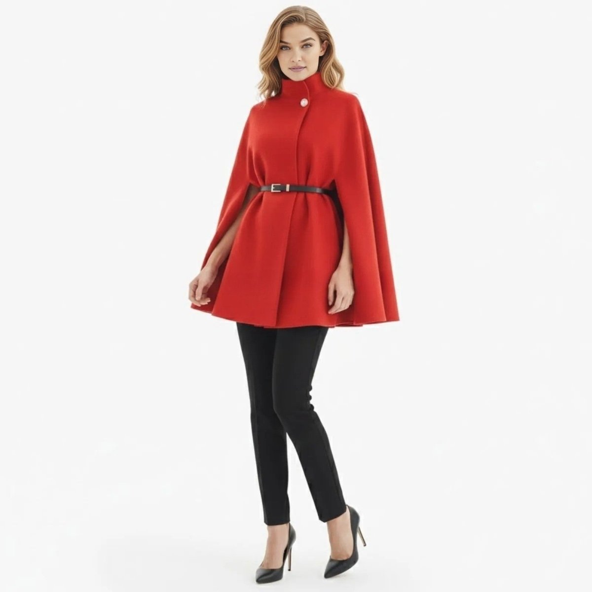 Belted High Neck Cape Coat in Red | Elegant Wool-Blend Outerwear ...