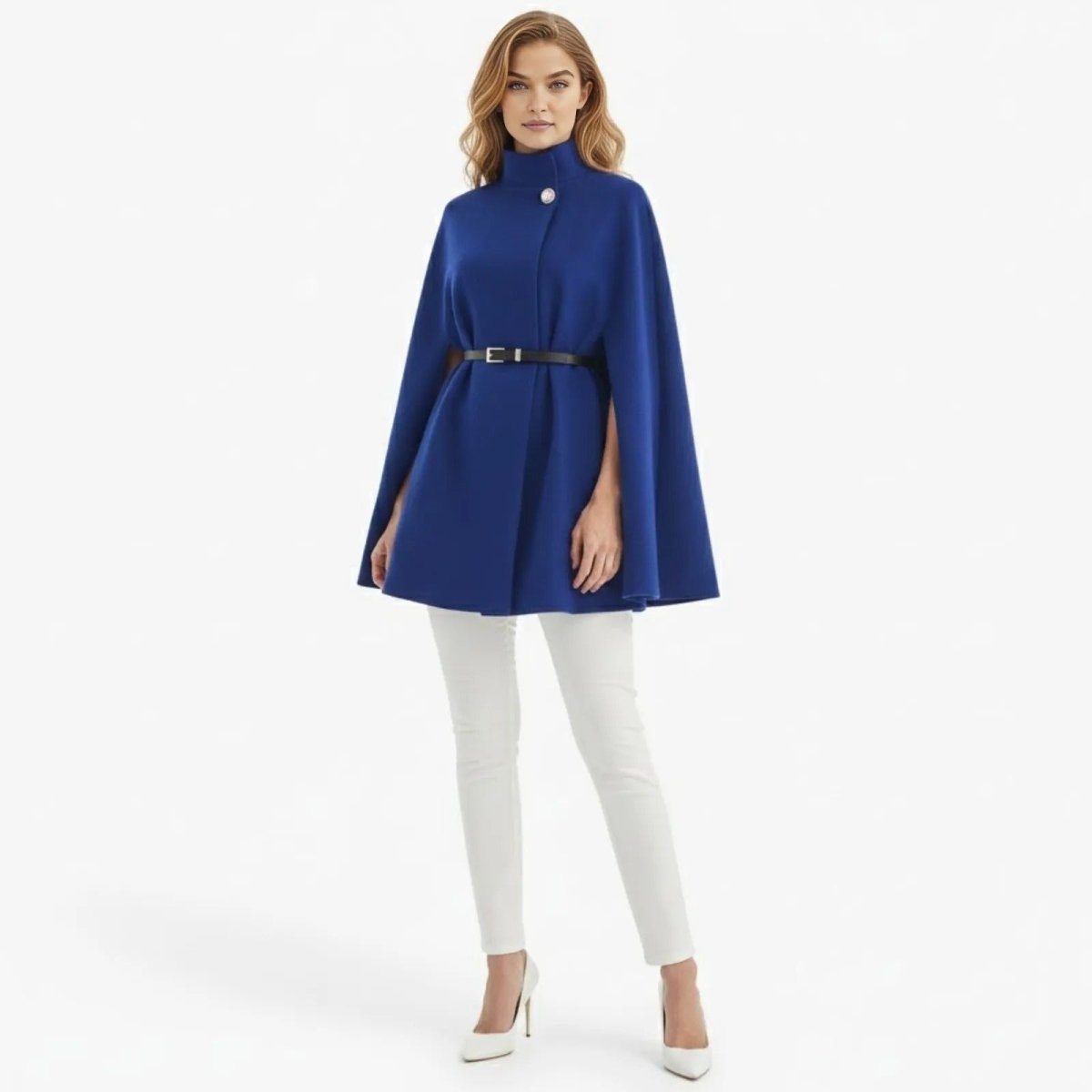 Belted Wool Cape Coat in Royal Blue | High Neck Winter Outerwear for ...
