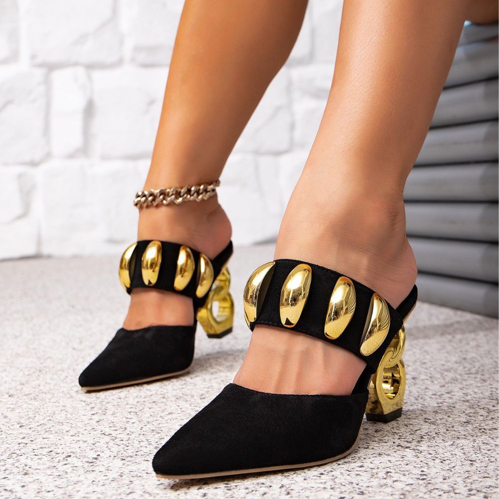 Black Suede Mules Sculptural Chain Heel | Gold Studded Pointed Toe Slip ...