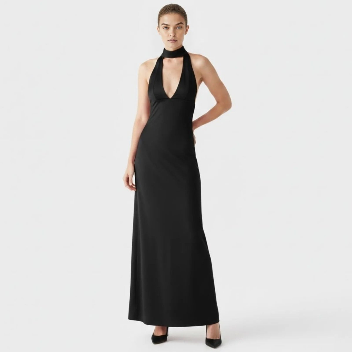 Black Halter Backless Maxi Gown - Formal Evening Dress with Choker Neck ...