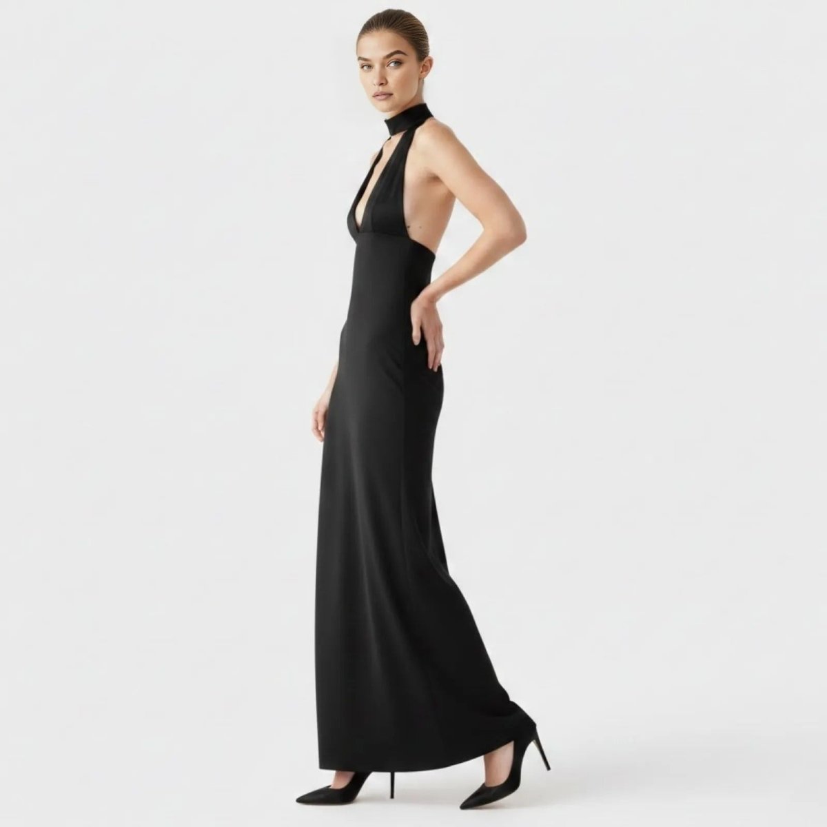 Black Halter Backless Maxi Gown - Formal Evening Dress with Choker Neck ...