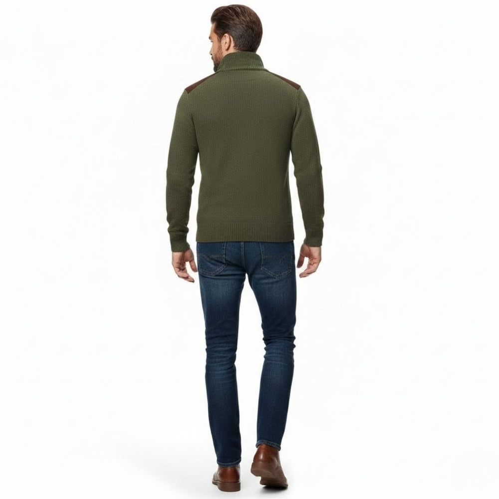 Men's Olive Green Quarter-Zip Sweater with Suede Shoulder & Chest ...