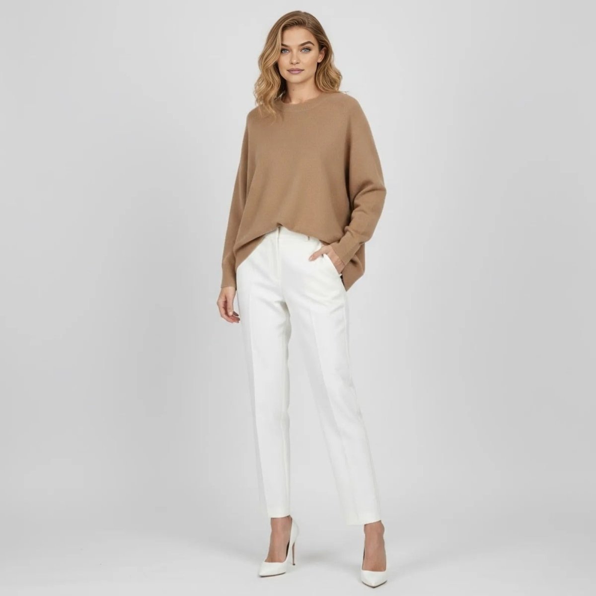 Oversized Cashmere Blend Sweater in Light Brown | Slouchy Crewneck ...