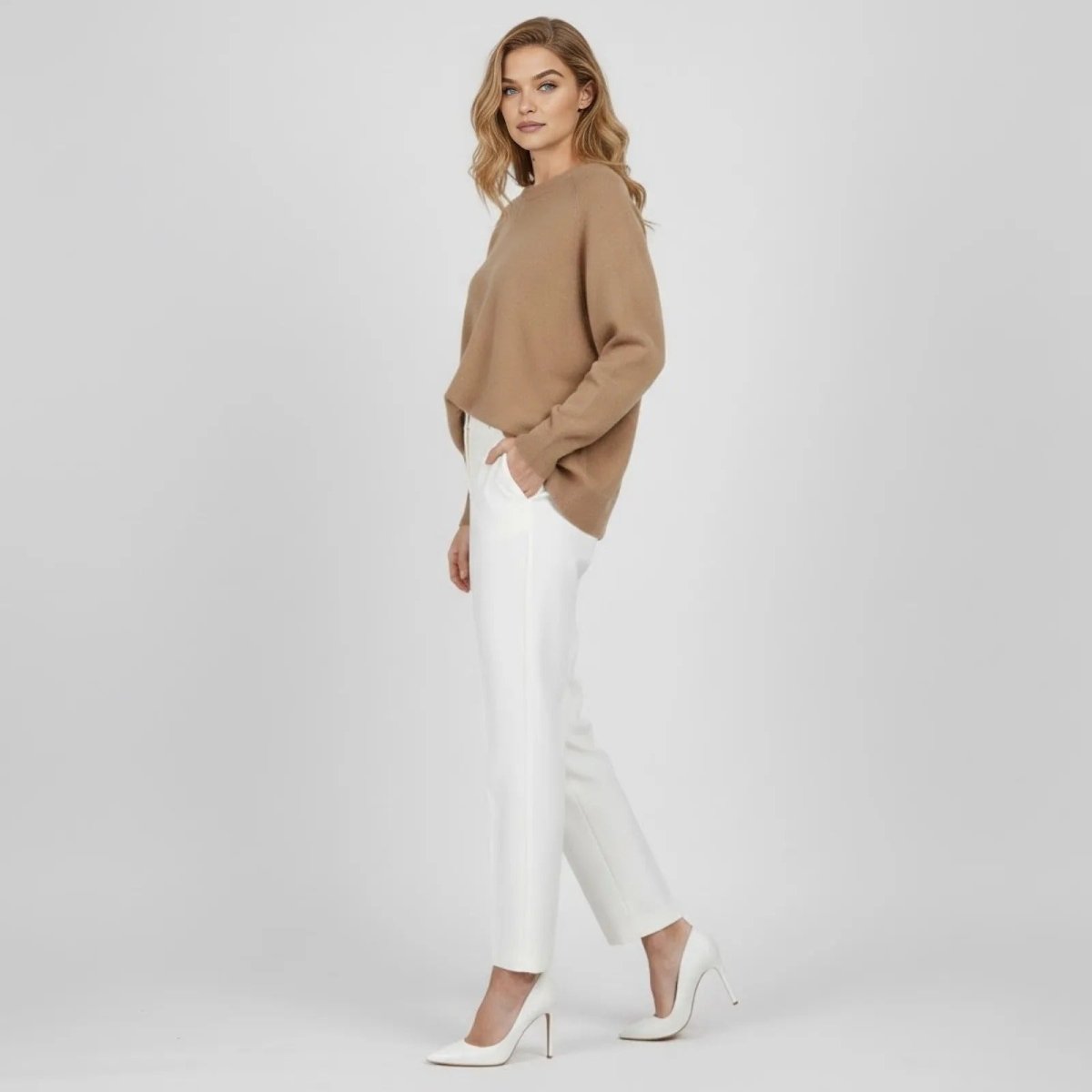 Oversized Cashmere Blend Sweater in Light Brown | Slouchy Crewneck ...