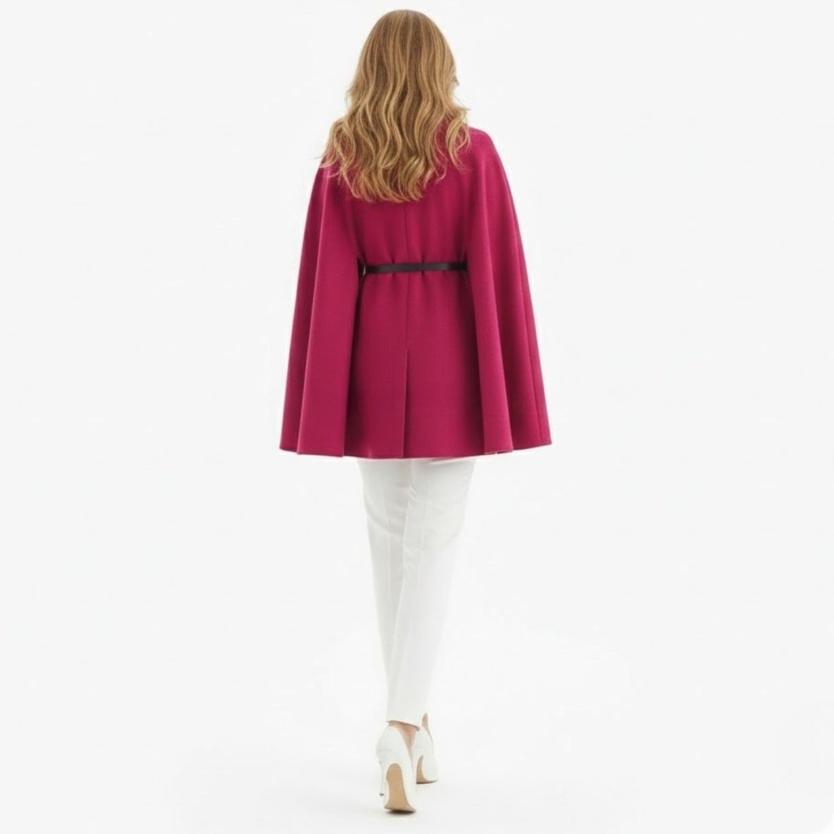 Belted Cape Coat Magenta Pink | Women's High Neck Funnel Collar Winter ...