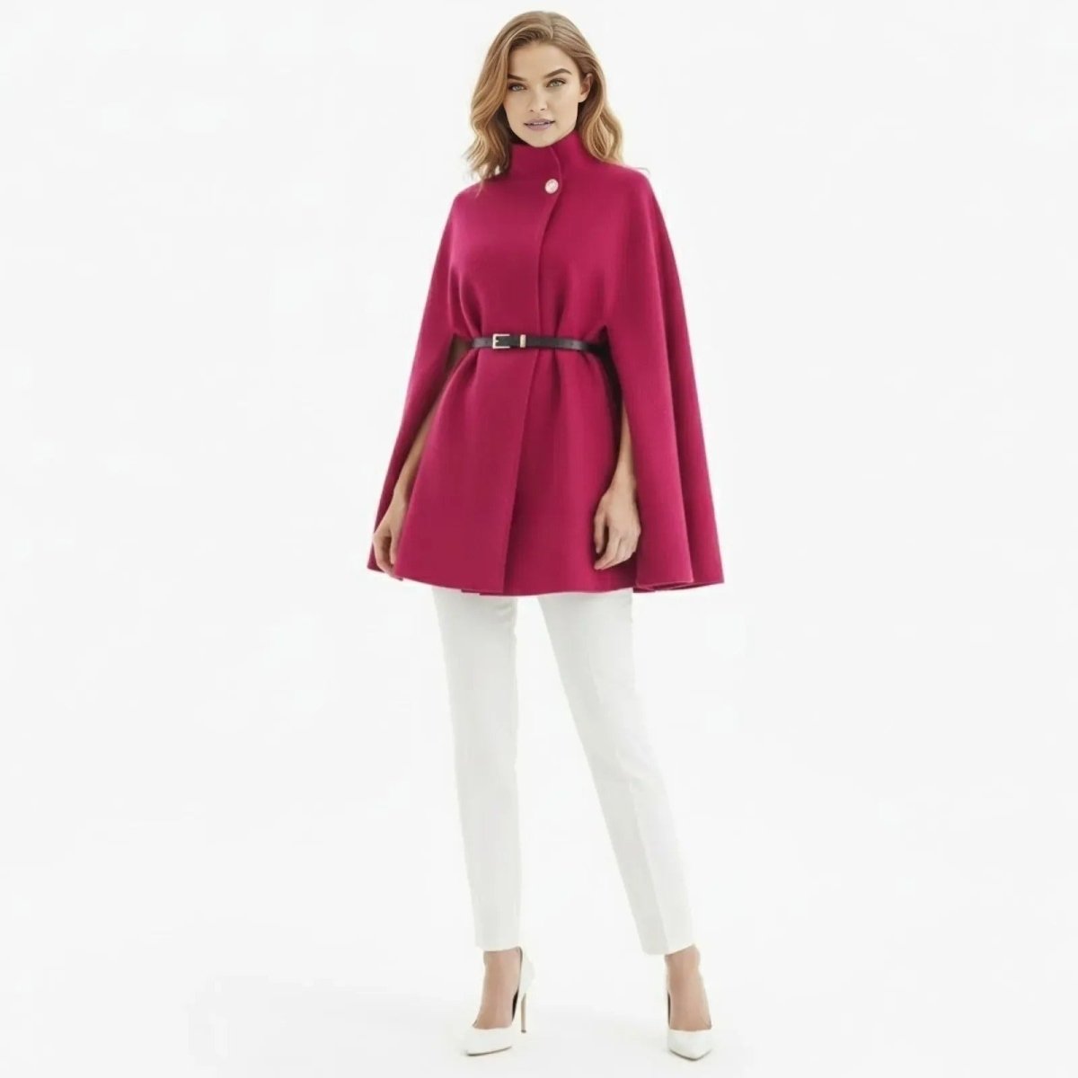 Belted Cape Coat Magenta Pink | Women's High Neck Funnel Collar Winter ...