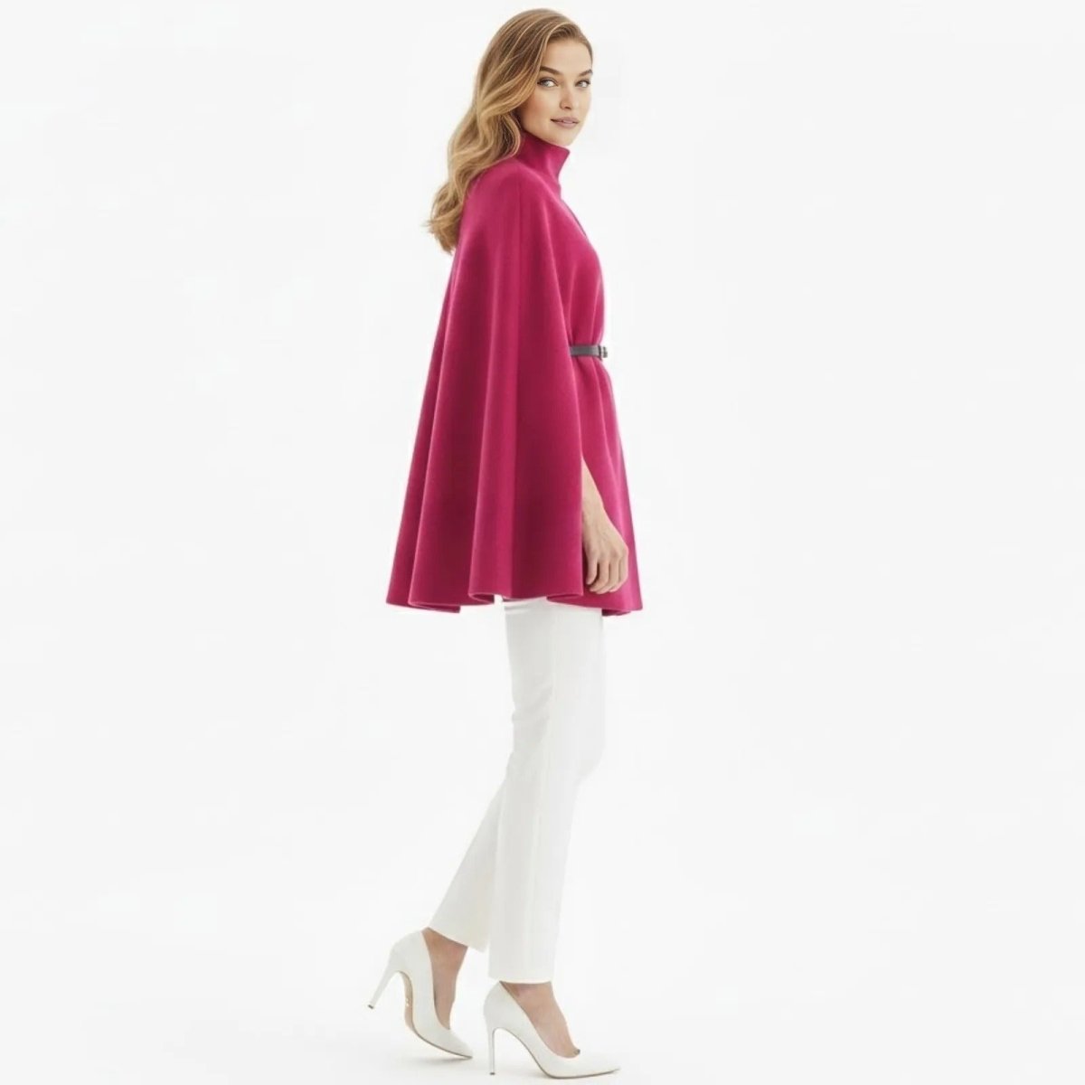 Belted Cape Coat Magenta Pink | Women's High Neck Funnel Collar Winter ...